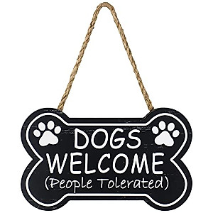 SANY DAYO HOME Dogs Welcome People Tolerated 10 x 6 inches Funny Wood Signs Bone Shape Dog Rules Decorative Plaque with Hanging Rope for Wall, Front Door Decor