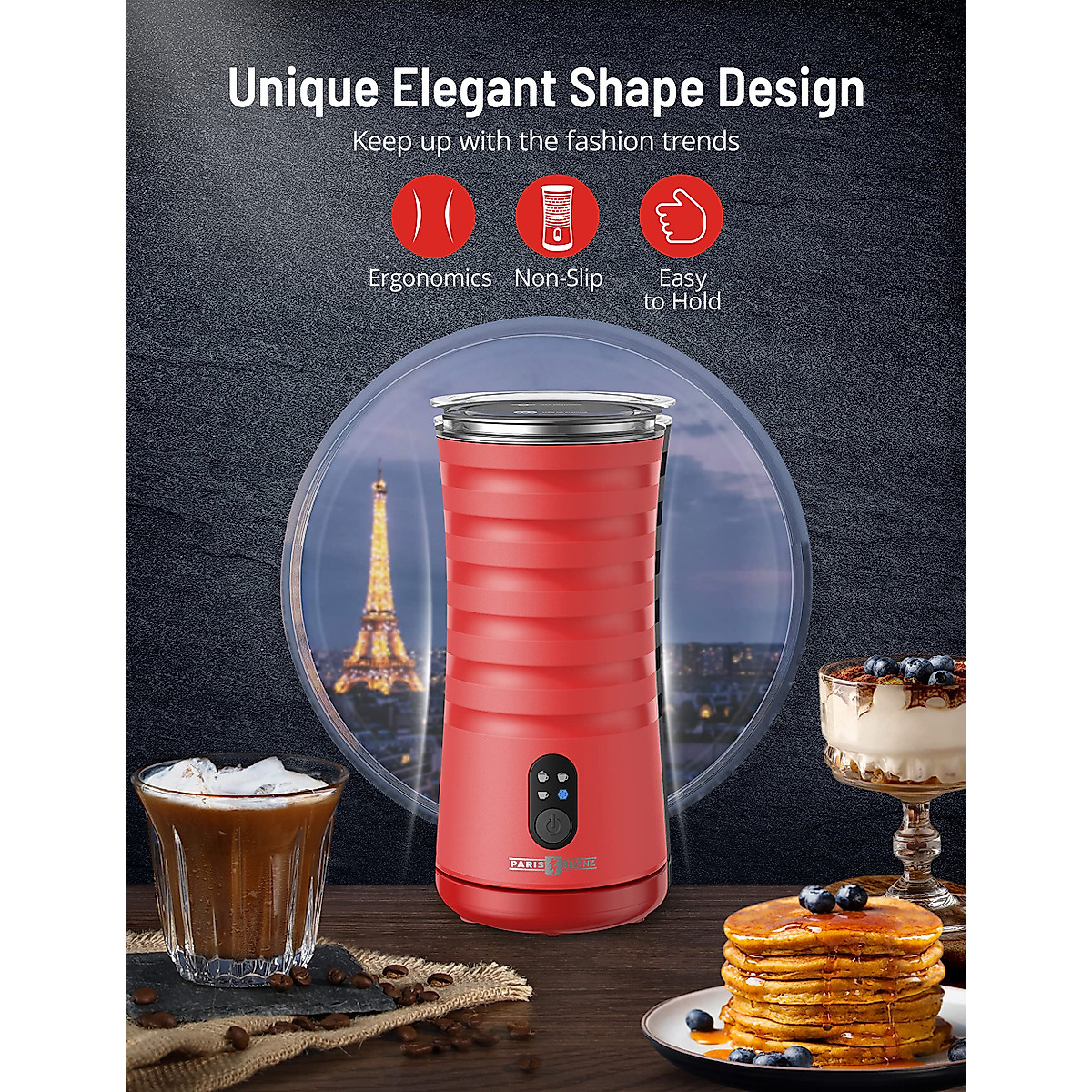 Paris Rhône Milk Frother, 4-in-1 Milk Steamer and Frother, Hot & Cold Foam Milk Warmer with Temperature Control, Auto Shut-Off Frother for Coffee, Latte, Cappuccino, Macchiato