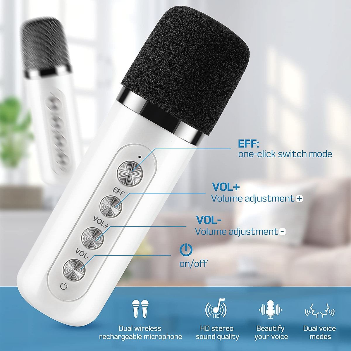 Wireless Karaoke Machine with 2 Microphones - Multifunctional Portable Mini Karaoke Machine, Karaoke Speaker Supports Bluetooth/USB/Aux/TF for Kids, Adults, Family, Party, Gift (White)