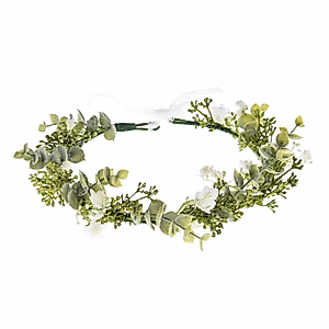 DreamLily White Baby‘s Breath Flower Crown Eucalyptus Crown Bride Bridesmaid Headpiece Boho Hair Wreath DFS18 (eucalyptus white)