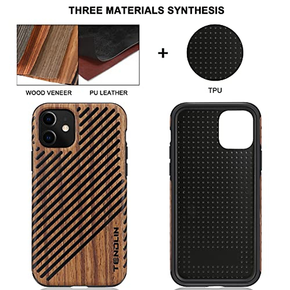 TENDLIN Compatible with iPhone 11 Case Wood Grain Outside Design TPU Hybrid Case (Wood & Leather)
