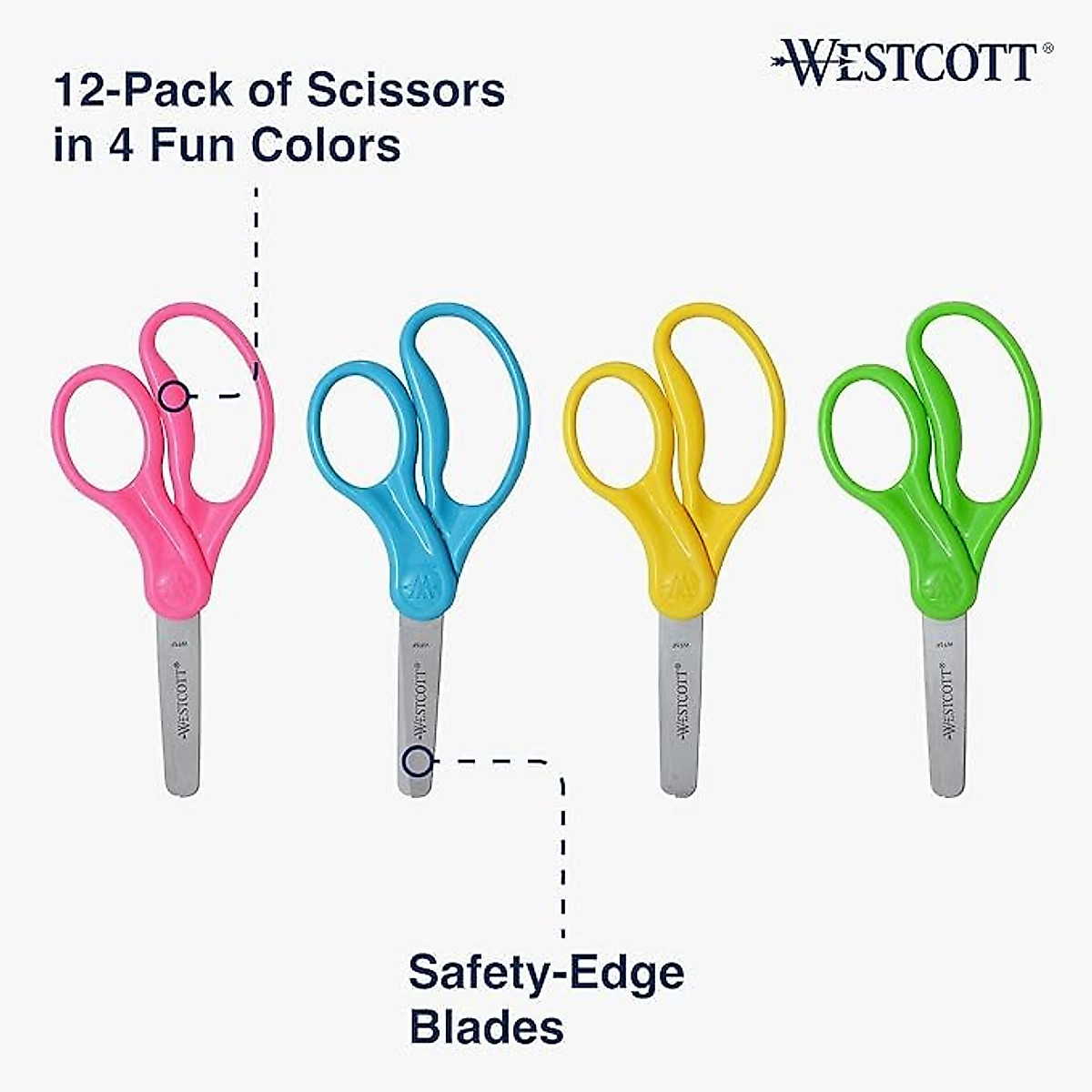 Westcott 13140 Right- and Left-Handed Scissors, Kids' Scissors, Ages 4-8, 5-Inch Blunt Tip, Assorted, 12 Pack