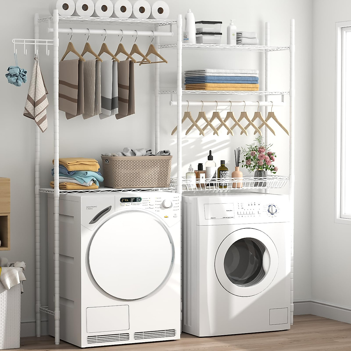 Loomie Over The Washer and Dryer Storage Shelf, Laundry Room Organization Shelves, 5 Tiers Adjustable Height Shelving,Space Saving Drying Organizers Rack with Wire Basket,Haning Hook & 2 Rods,White