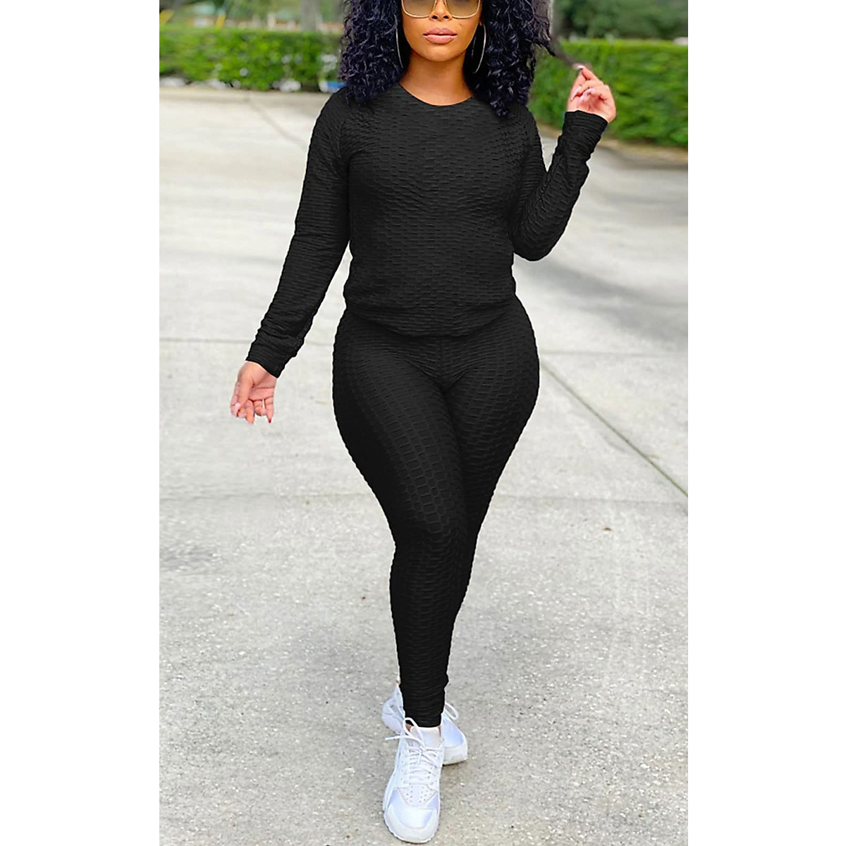 Jogging Suits for Women, Textured Tracksuit Long Sleeve Pullover Shirt and Pants 2 Piece Outfits Set Black L
