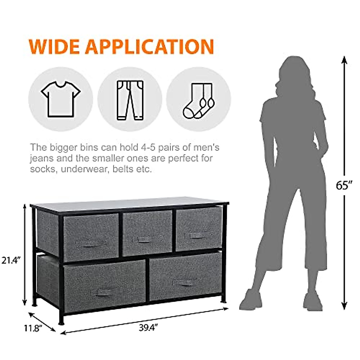 SUPER DEAL 5 Drawer Fabric Dresser Chests of Drawers, Wide Storage Tower Heavy Duty Steel Frame, Wood Top, Kids Toys Organizer Unit for Bedroom Livingroom Closet Nursery Hallway, Dark Grey