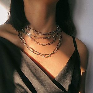 Layered Necklaces for women 18 Inch Paperclip Chain Silver Tone Choker Necklace Chains Punk Jewelry (Silver 5-layer Chains)