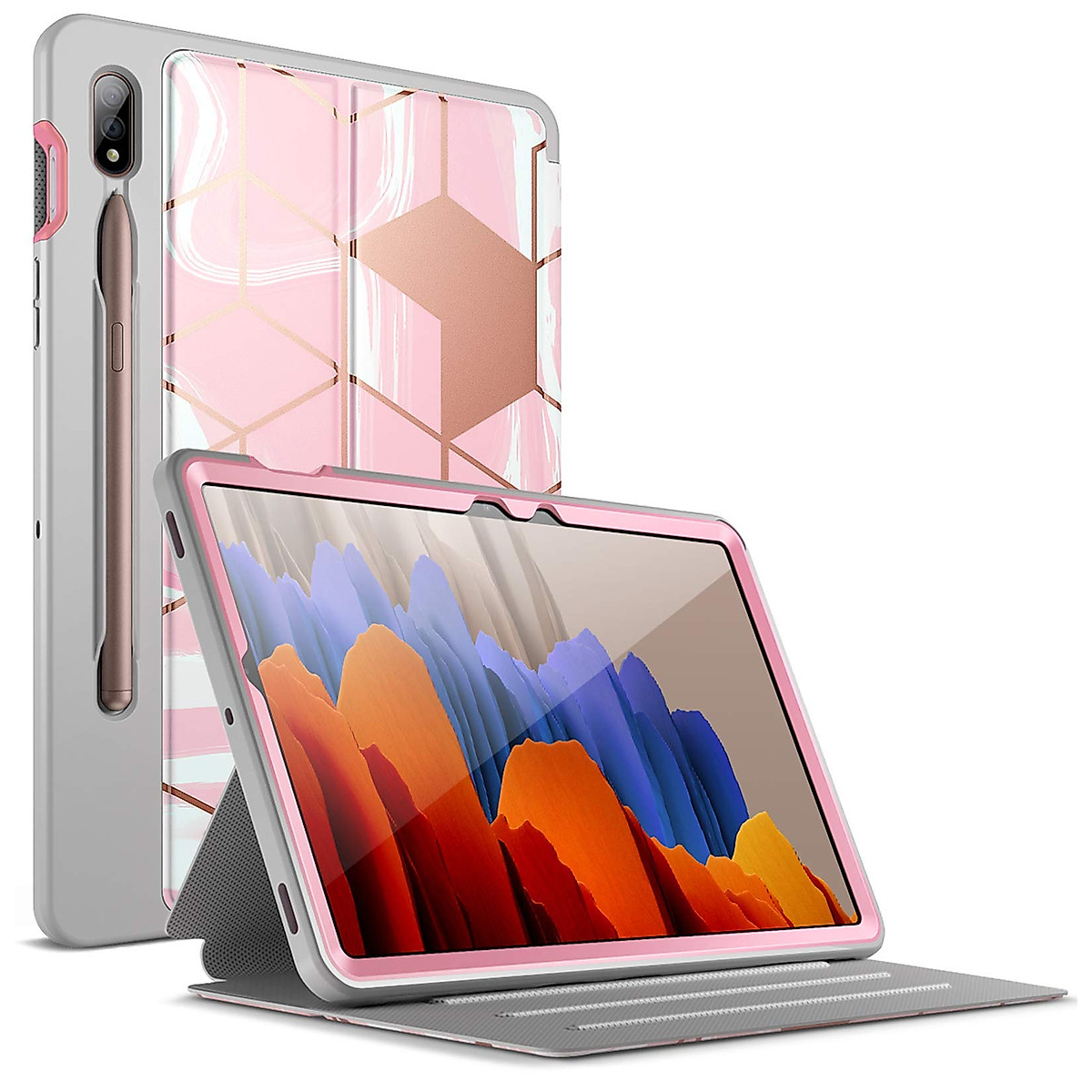 Popshine Marble Series Designed for Samsung Galaxy Tab S7 / S8 Case, Full Body Premium 360 Degree Protective Folio Cover with Built-in Screen Protector, Liquid Marble Pink