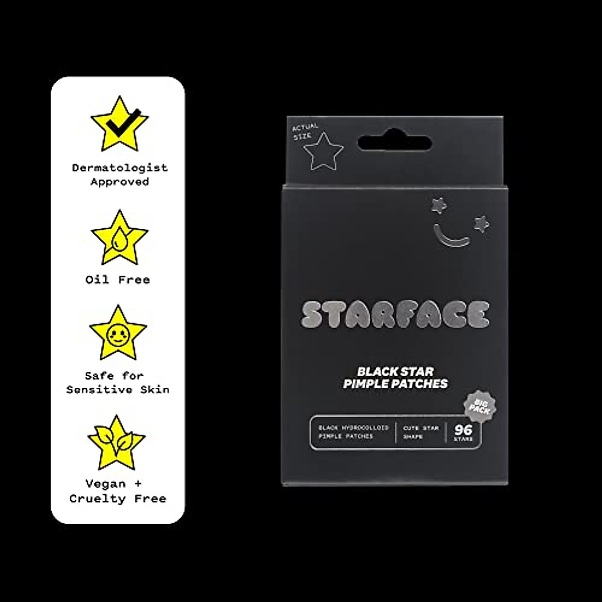 Starface Black Star BIG PACK, Hydrocolloid Pimple Patches, Absorb Fluid and Reduce Inflammation, Cute Star Shape, Cruelty-Free Skincare (96 Count)