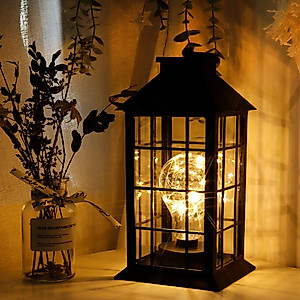 JHY DESIGN Waterproof Decorative Hanging Lantern 12''High Plastic Lantern Holder Battery Powered with LED Bulb and 6H Timer Lights for Balcony Garden Hallway Entryway Indoor Outdoor（Square Stripe）