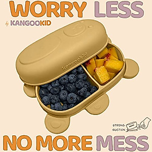 Kangookid Bear Silicone Suction Plate for Baby,Kid & Toddler-Fold-N-Go Baby Bowl with Lid- Divided Toddler Plate Fits Baby Highchair Tray-Silicone Plate Transforms into Food Container(Bear-Beige)