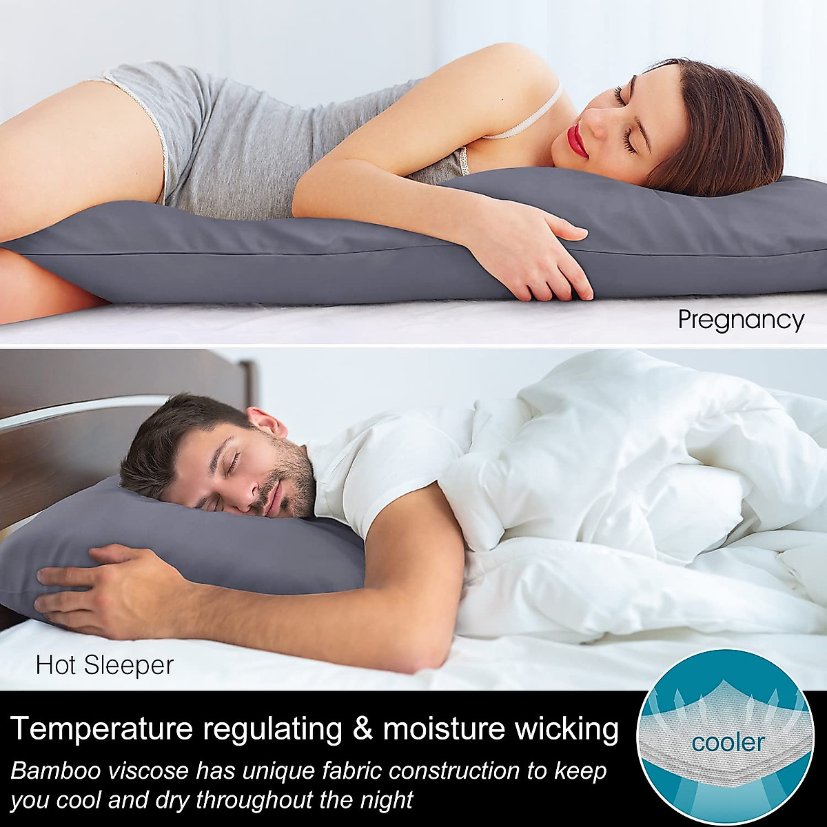 BEDELITE Body Pillow Cover, Rayon Made from Bamboo, Cooling Body Pillow Pillowcase for Hot Sleepers and Night Sweats, Breathable & Silky Soft Full Long Pillow Case Cover (Grey, 20x54 Inches)