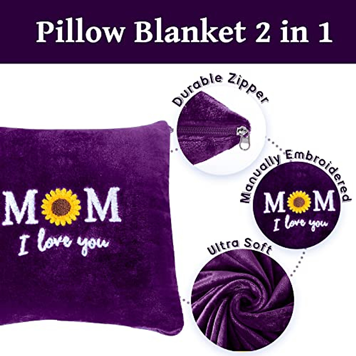 Birthday Gifts for Mom, Mom Birthday Gifts, Mother's Day Mom Gifts from Daughter, Valentines Day Gifts for Mom, Pillow Blanket 2 in 1, I Love You Mom Soft Sunflower Pillow Blanket 80"x60" (Purple)