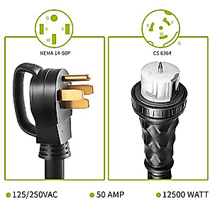 IHAYNER 50 Amp Generator Power Cord, 15 FT, Black Generator Extension Cord, 125V / 250V Generator Power Cord, NEMA 14-50P & SS2-50R & CS6364, Generator Cord, Twist Lock Connector
