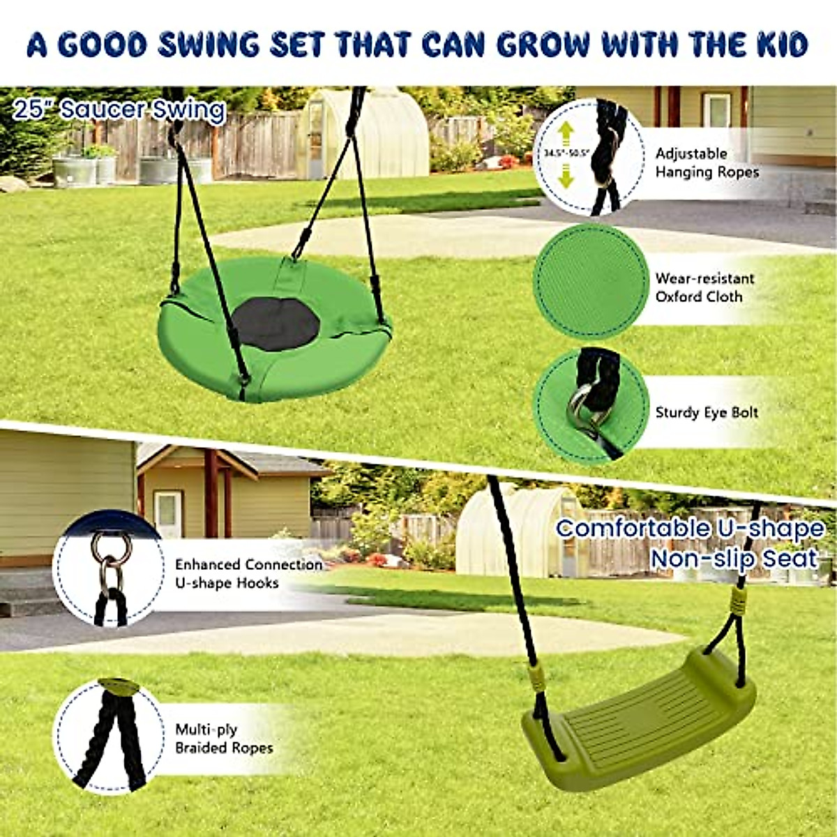 Costzon 660 lbs Swing Sets for Backyard, 7-in-1 Heavy Duty Extra Large Metal Swing Frame w/2 Swings, Glider, Gym Rings, Slide, Monkey Bar, Basketball Hoop, Play Equipment for Indoor Outdoor Gift Kids