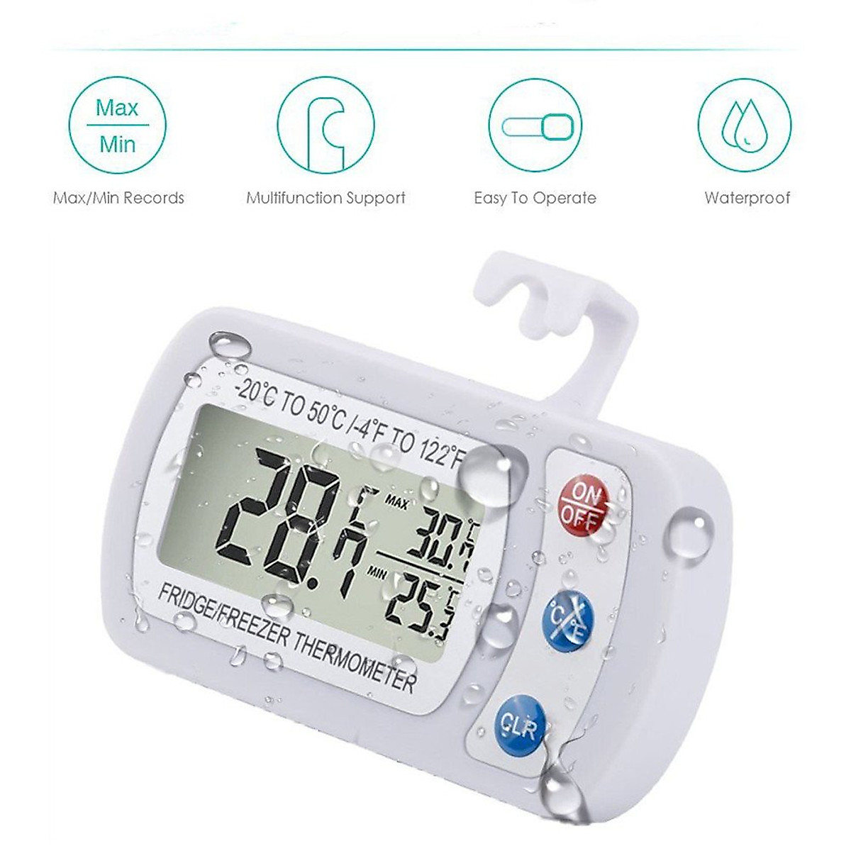 ZEZHOU Digital Refrigerator Thermometer 2Pack - IPX3 Waterproof Wireless Freezer Room Temperature Monitor with Hook, Large LCD Easy to Read Display & Max/Min Record Function for Indoor/Outdoor