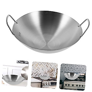 Ciieeo Stainless Steel Wok Dual- Handled Steel Wok Frying Pot Double Handle Wok Pot Stock Pot Carbon Steel Pow Wok Cooktop Wok Griddle Camping Accessories Skillet Binaural Pot Stove Flat