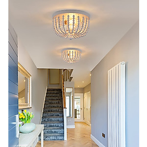 Q&S White Flush Mount Ceiling Light Fixtures,2-Lights Wood Beaded Boho Chandeliers for Nursery Baby Bedroom Dining Room Living Room Kitchen Hallway W11.81