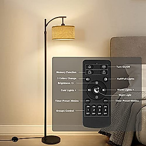 LAMSU Boho Arc Floor Lamp with Remote, Rattan Farmhouse Standing Lamps with Dimmable LED Bulb, Modern Black Tall Lamp with Woven Shade for Living Room Bedroom Office, App Control, Height Adjustable