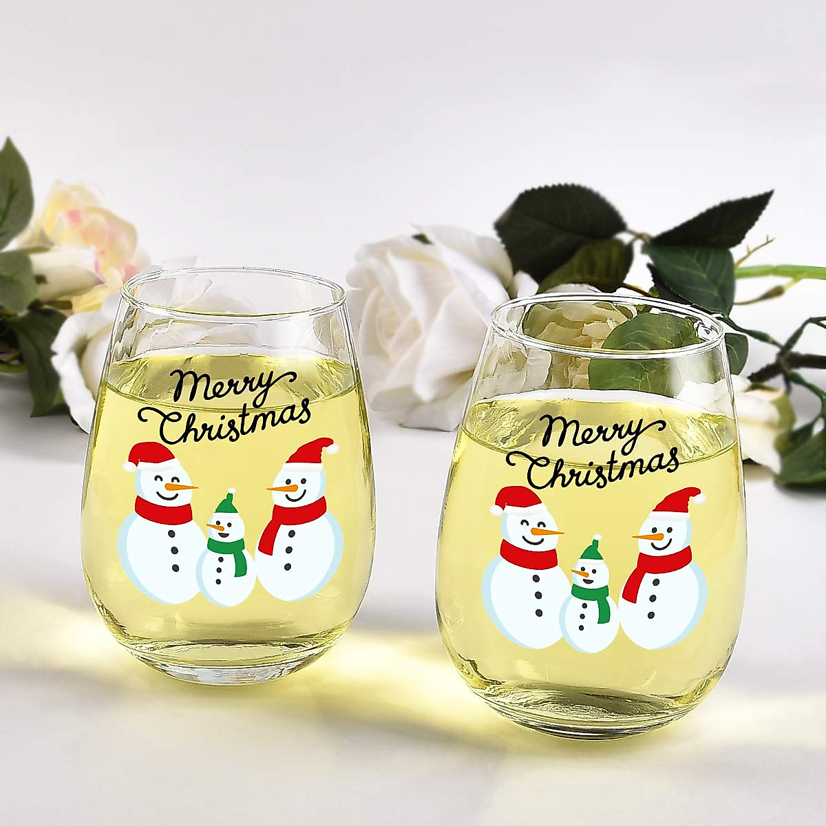 Futtumy Christmas Gift, Merry Christmas Snowmen Stemless Wine Glass for Men Women Dad Mom Friend Family, Funny 15oz Snowman Wine Glass for Christmas, Set of 4