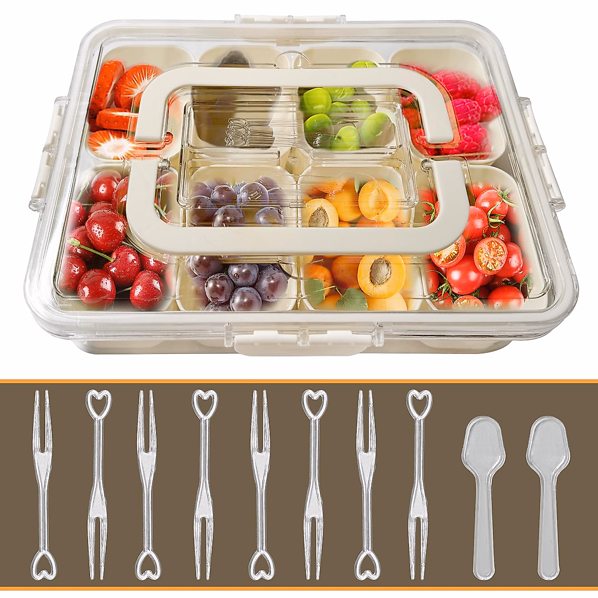 KVOOISD Divided Serving Tray with Lid and Handle, Clear Plastic Snackle Box Charcuterie Container 8 Compartments, Reusable Veggie Tray Fruit Tray,Large Snack Platter for Party Refrigerator Storage