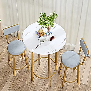 Hooseng Bar Table and Chairs Set, 3-Piece Bistro Pub Dining Table Set, Faux Marble High Top Bar Table and 2 Upholstered Stools w/Backrest, Space Saving Kitchen Table Set for Home to Restaurant, Grey