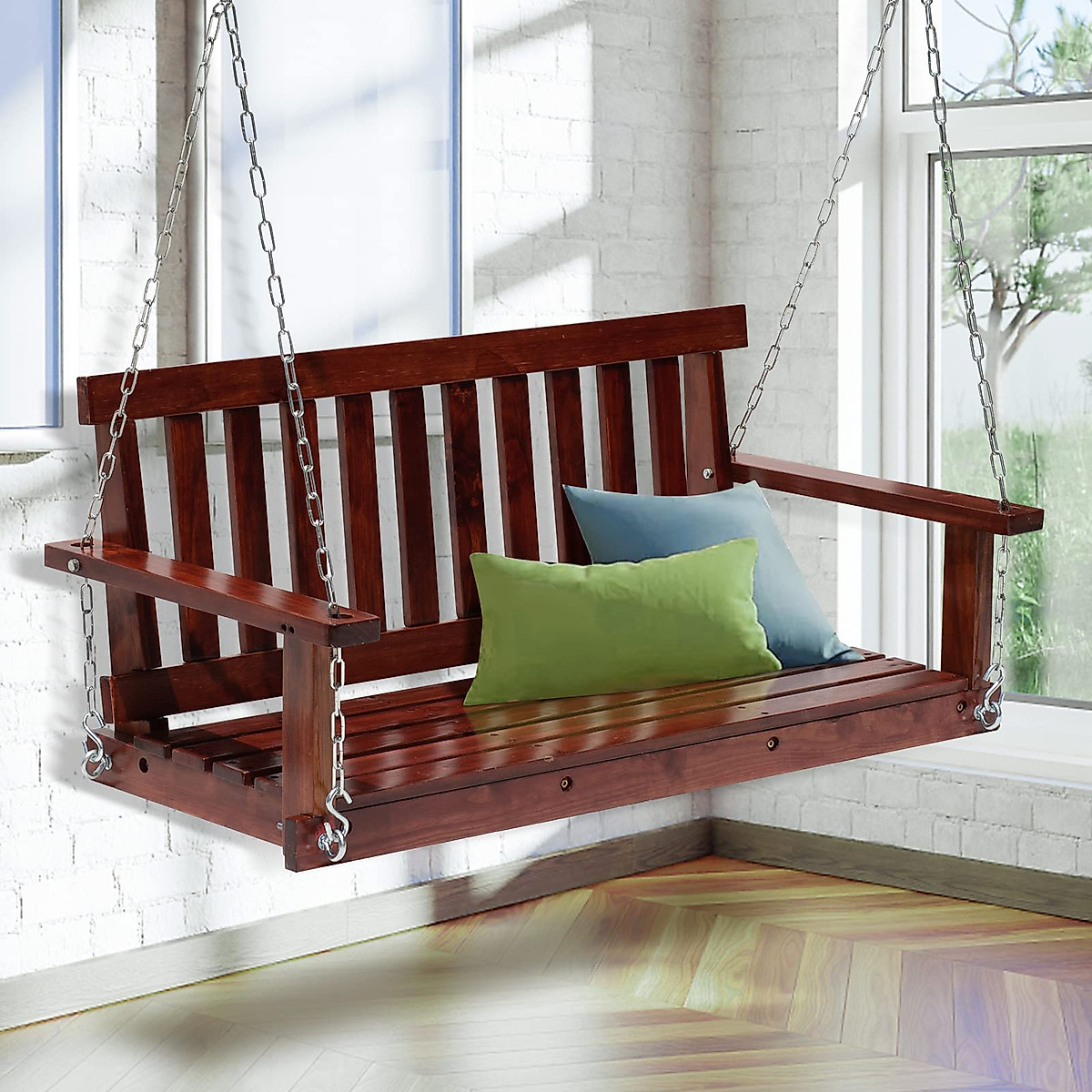 48 inch Wooden Porch Swings Heavy Duty Outdoor Bench Swing for Adults Durable Solid Wood Two Person Seating Patio Hanging Swing with Adjustable Hanging Chains & Fixing Screw, 800 LBS Weight Capacity