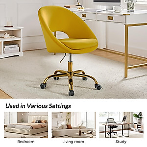 TINA'S HOME Modern Velvet Office Chair with with Adjustable Swivel, Comfy Upholstered Desk Chair with Open Back, Small Cute Chair for Living Room Study Vanity, Yellow