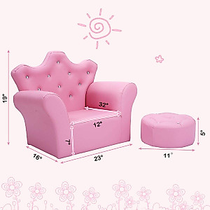 HONEY JOY Kids Sofa, Children Princess Upholstered Couch Armrest Chair with Ottoman, PVC Leather & Embedded Crystal, Toddler Bedroom Furniture for Baby Girl (Pink)