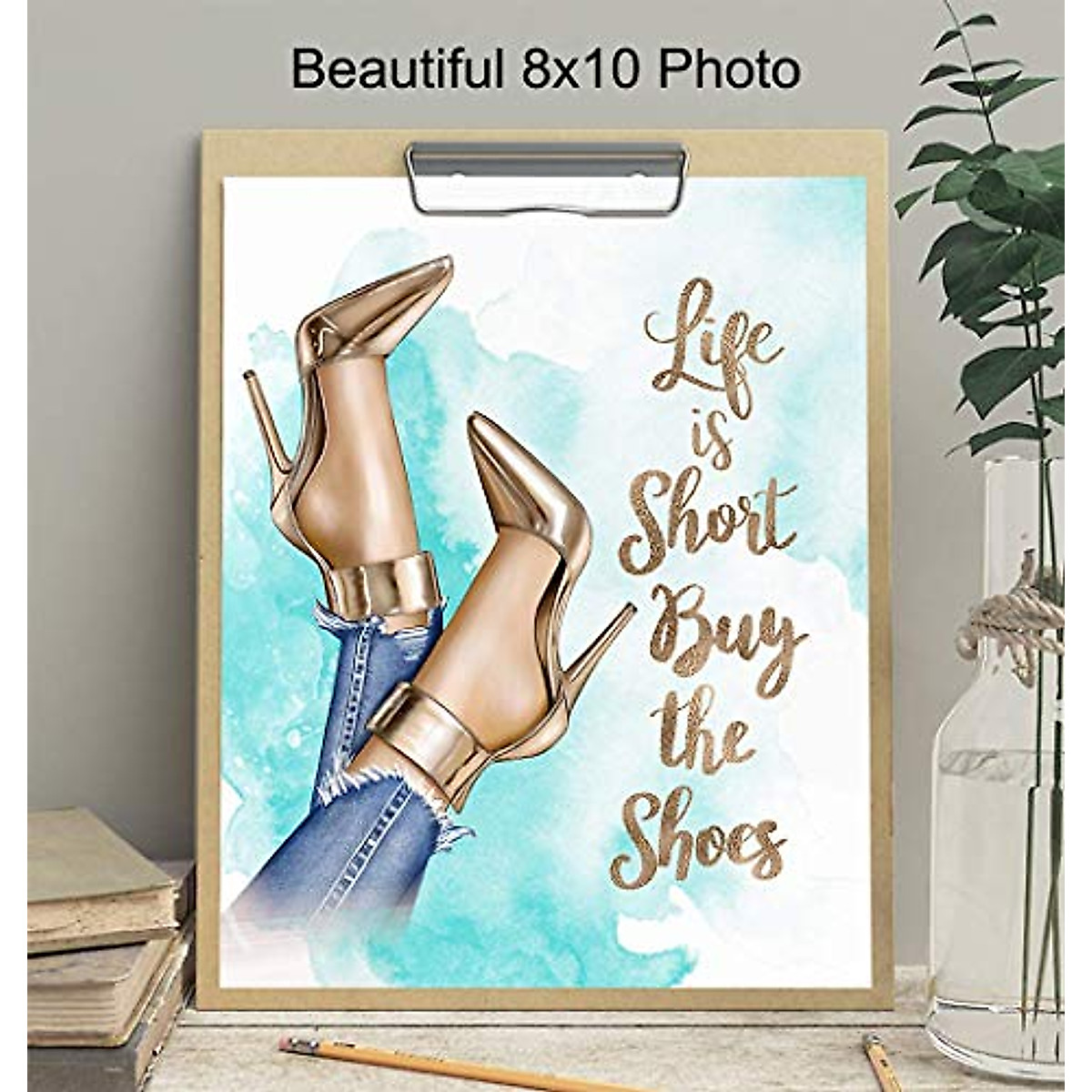 Fashion Design Wall Art - Glam Wall Decor - Luxury Gift for Women, Designer Shoes Fan, Couture Fashionista - Cute Girly Home Decoration for Bathroom, Living Room, Girls Teens Bedroom - Poster Picture