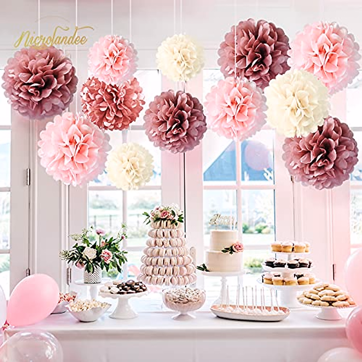 NICROLANDEE 12PCS Dusty Rose Blush Pink Tissue Pom Poms Flowers for Wedding, Bridal Shower, Baby Shower, Sweet Birthday, Engagement, Bachelorettes, Valentine Decorations, Pink Party Decorations