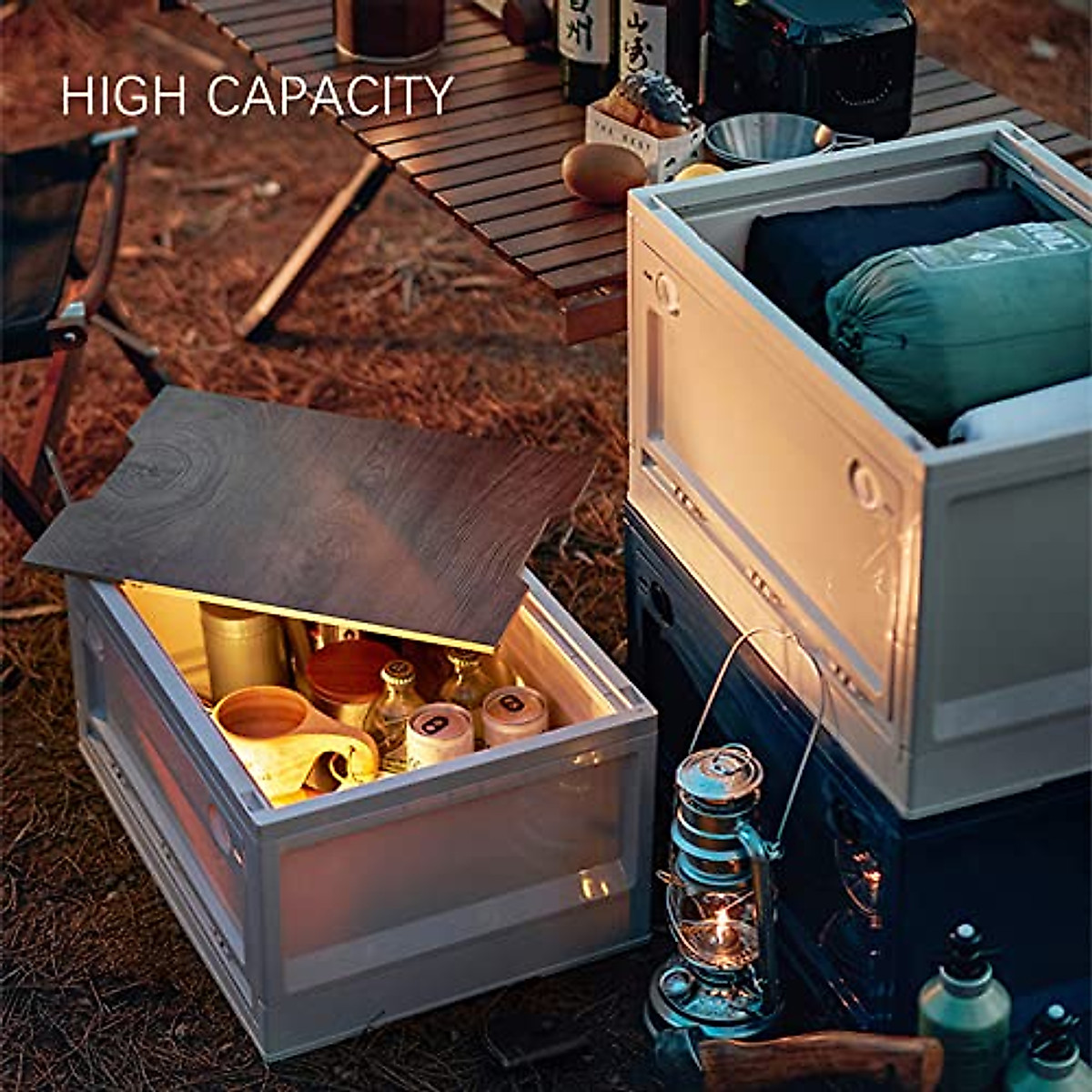 Xicennego 12-Gallon/45L Foldable Storage Bin with Wooden Lid - Large Capacity - Front and Rear Side Opening - Stackable Plastic Folding Storage Containers for Car Trunk, Camping, Picnic, Garage, Closet (Navy )