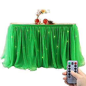 OakHaomie 10ft Table Skirt Tulle Tutu Table Cloth with 15pcs String Lights for Rectangle or Round Table for Party,Wedding,Birthday Party&Home Decoration,Table Skirting (Green, 10ftX2.63ft)