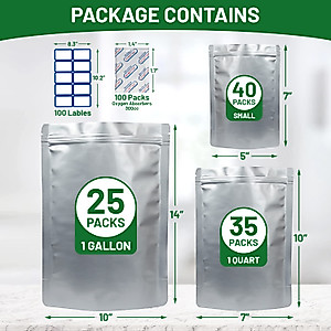 PoshMax Resealable Mylar Bags - Extra Thick Mylar Bags for Food Storage in 3 Sizes, Gallon, Quart and Small | Food Safe Mylar Ziplock Bag with Oxygen Absorbers for Food Storage 500cc | 100 Pack