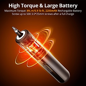 PARRIOR High-Torque Max 8 N.m with 4 Torque Control Electric Cordless Screwdriver Rechargeable 2200 mAh Large Battery Automatic Power Screwdriver with LED Work Light and USB-C Cable 3.6V/260 RPM