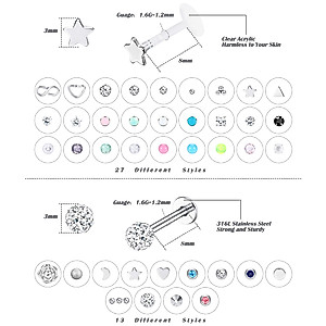 FIBO STEEL 16G Forward Helix Monroe Labret Lip Nose Studs for Men Women Stainless Steel&Clear Plastic Tragus Cartilage Stud Earrings Medusa Piercings Jewelry 40 Pieces