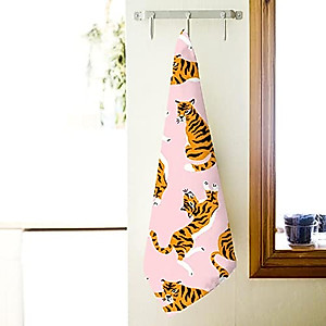 IconSymbol Cute Tigers On The Pink Hand Towel for Bathroom Kitchen Gym Washcloths Soft Highly Absorbent Multipurpose 27.5 X 15.7 Inch