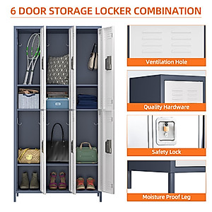 Aobabo Metal Office Storage Lockers, 6 Lockable Door Locker Cabinet, 72" H Tall Storage for Employee,Gym,Home,School, Gray White, Assembly Required