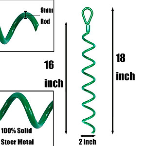 4 Pcs 18 Inch Spiral Ground Anchors Kit Green Metal Ground Stakes Dog Tie Out Stake Spiraling Anchor Trampoline Anchors for Tent, Securing Trampolines,
