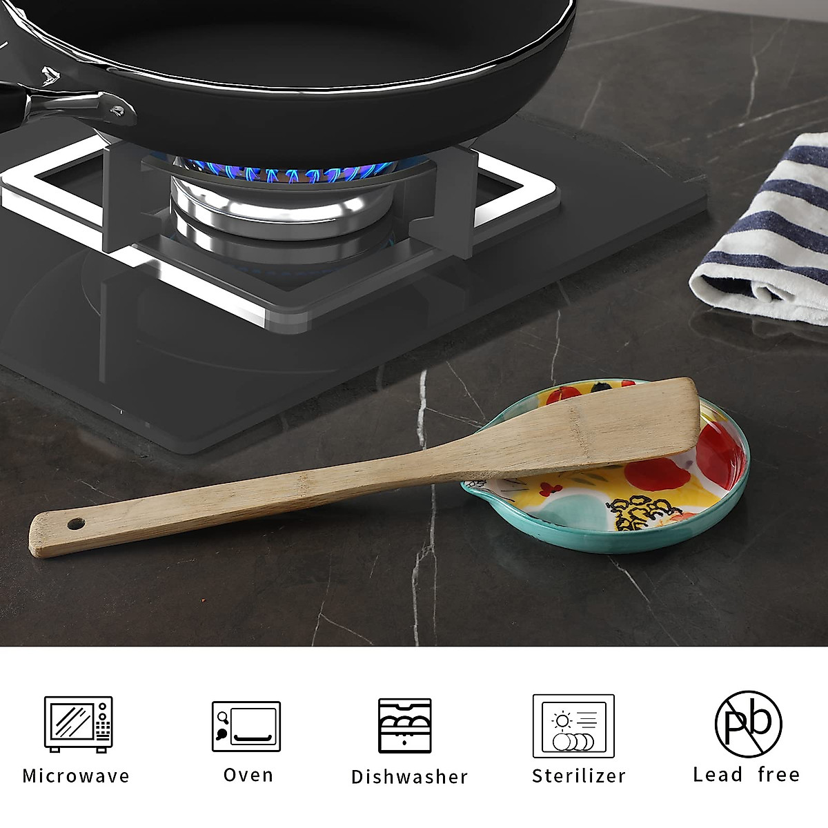 Colorful Hand Painted Spoon Rest - 5 Inches Ceramic Spoon Holder for Kitchen Counter Stove Top, Dishwasher Safe, Multicolor