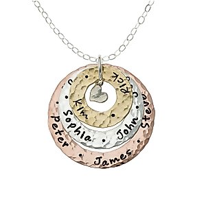 AJ's Collection Happiness All Around Personalized Family Mixed Metal Necklace with Customizable Hand Stamped Washers and Choice of Sterling Silver Chain