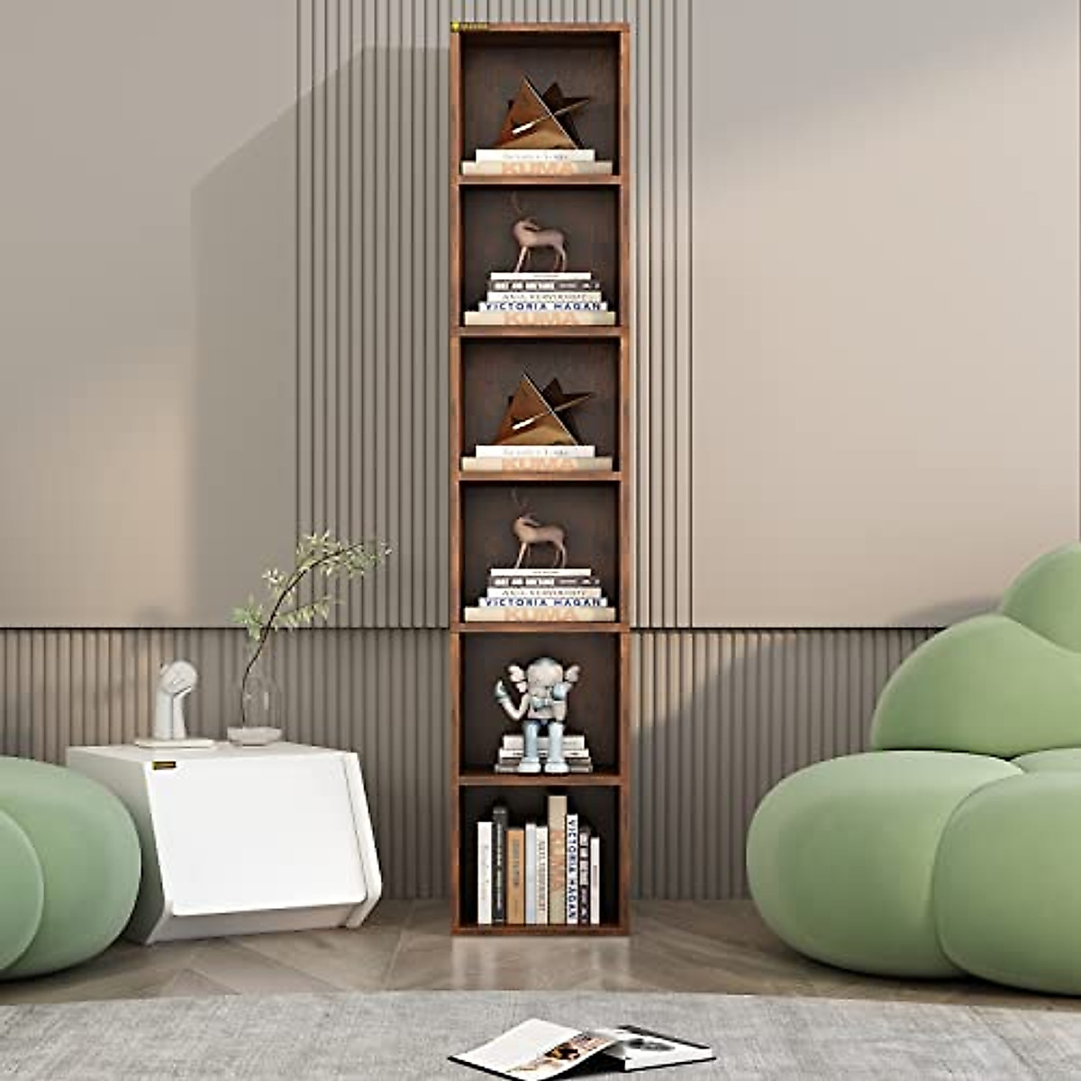MIN WIN 6-Tier Wooden Tall Narrow Open Bookcase and Bookshelves, 68.5" Modern Freestanding Cube Display Storage Organizer Shelf, Corner Bookcase Narrow Bookshelf with Storage Space, Rustic