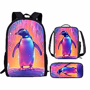 Purple Cute Penguin School Backpack for Middle School Boys Bookbag With Lunch Bag and Pencil Bag, Animals Schoolbag Rucksack Preschool Back Packs Shoulder Bags for Teens Women