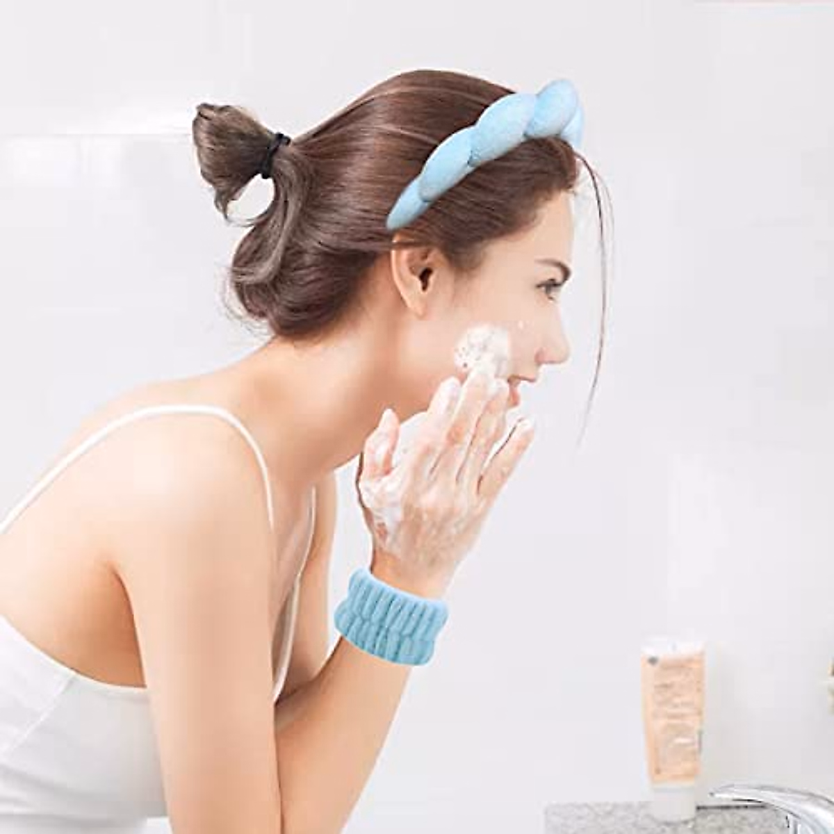 yucca 2Pcs Sponge Spa Headband, Terry Cloth Headband, Bubble Headband for Washing Face, Makeup Headband, Fluffy Skincare Headband, Puffy Headband for Women (PinkBlue)