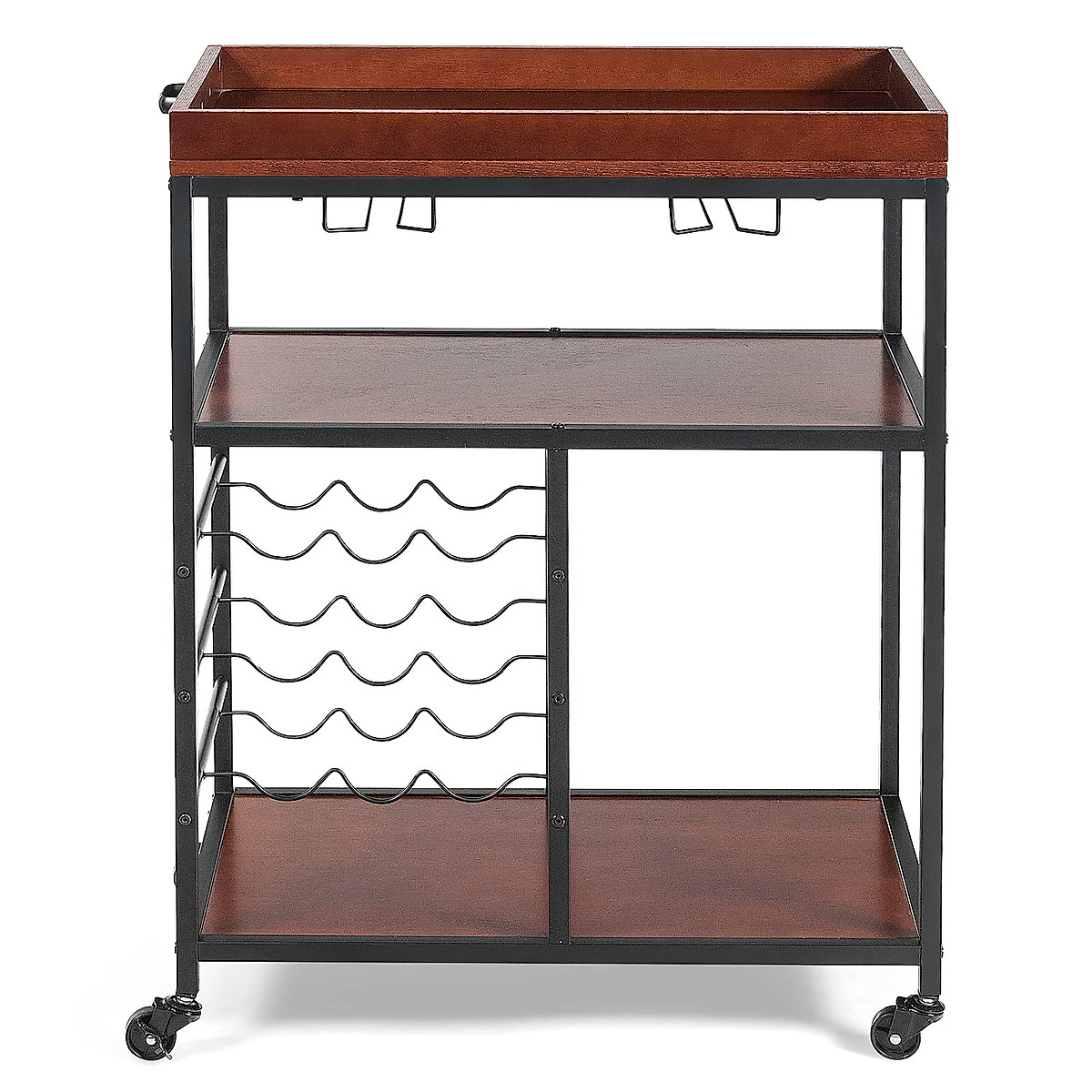 COSTWAY Kitchen Rolling Island Cart, with 9-Bottle Wine Racks & Glass Holders, Utility Beverage Cart Trolley with Lockable Wheels for Home Kitchen, Wooden and Metal Frame, Rustic Brown