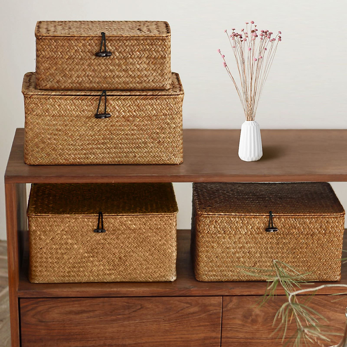 Sobotoo Wicker Storage Box with Lid, Natural Hand-woven Rattan Storage Box, Rectangular Household Organizer Boxes Shelf Wardrobe Organizer (XL)