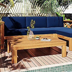 Goohome 5-Piece Wood Furniture Set, L-Shaped Outdoor 3-Seater Sectional Sofa Seating Group ConversationSets with Coffee Table and Water-Resistant, Patio, Backyard, E-Natural Finish+ Blue Cushions