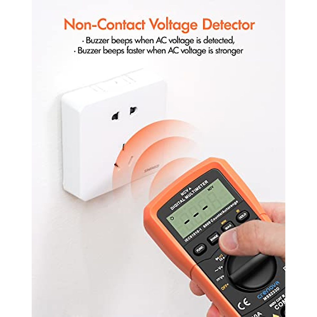 Crenova MS8233D Digital Multimeter 6000 Count Auto-Ranging DC AC Voltmeter Ohm Volt Amp Tester for Voltage Current Resistance Capacitance Continuity Diode Duty-Cycle Frequency NCV Live Wire Test