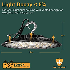 ACOHOOK 300W UFO LED High Bay Light, 45000lm (Eqv.1200W MH/HPS) High Bay LED Shop Lights, 5000K US Plug Commercial Warehouse/Workshop/Wet Location Area Light -6Pack