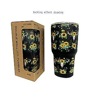 JIU HONG CHAO 30oz Sunflower Stainless Steel Tumblers Travel Cofee Mugs with Lid Sun Flower Cups Cow Skull Insulated Cup Sunflower Gifts for Women Adults (Bullskull flower)