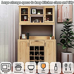 OKL Kitchen Pantry Storage Cabinet, 71" Traditional Freestanding Kitchen Buffet with Hutch with Microwave Countertop & Shelves, Kitchen Cupboard with Glass Doors for Living Room, Dining Room, Brown